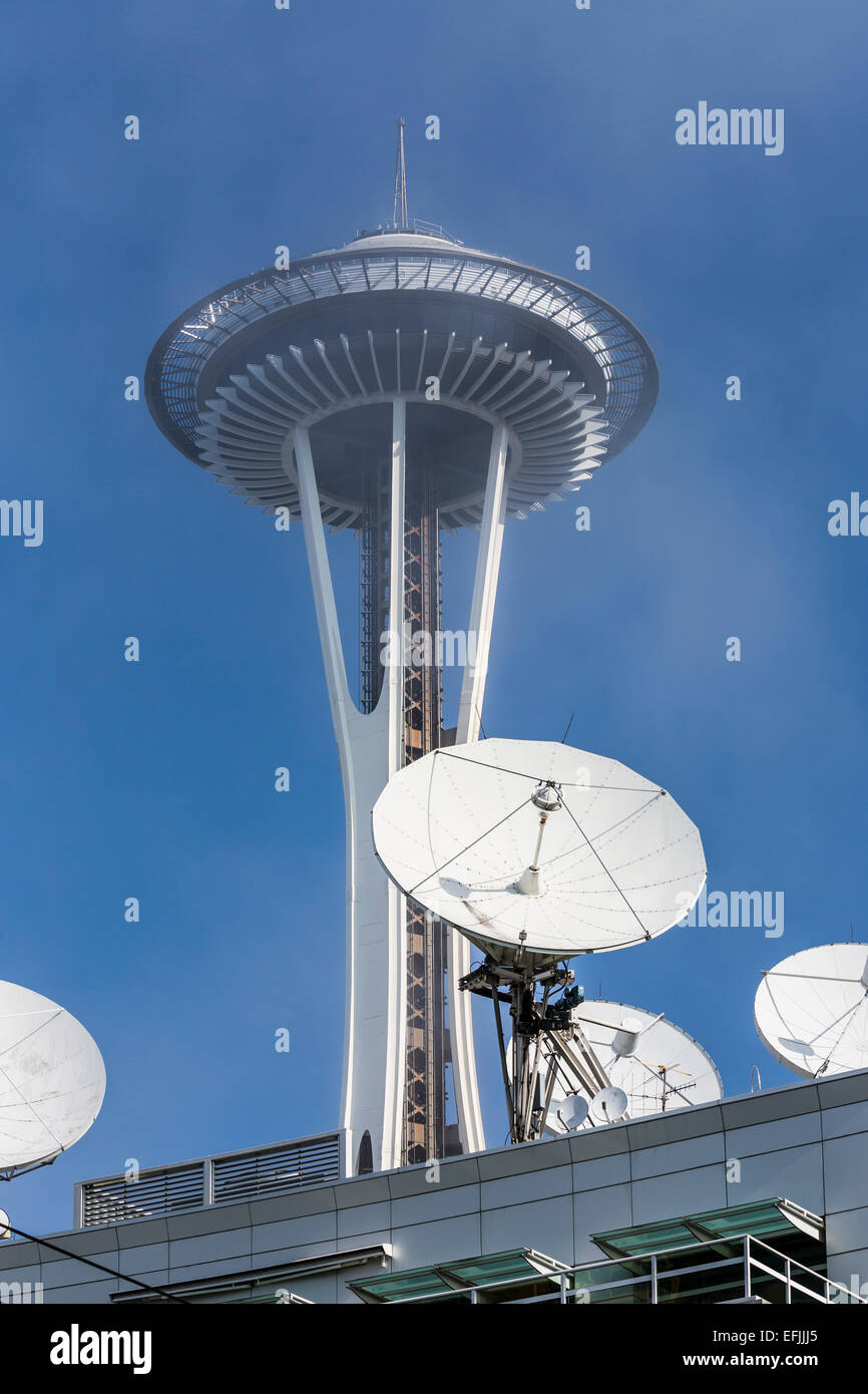The Space Needle with a bit of summer fog rolling in, with satellite ...