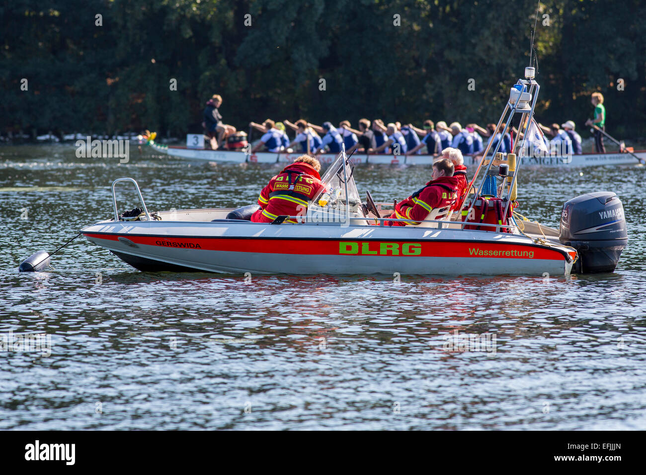 Rescue boat of Germany Life Saving Association, on "Baldeneysee" lake ...