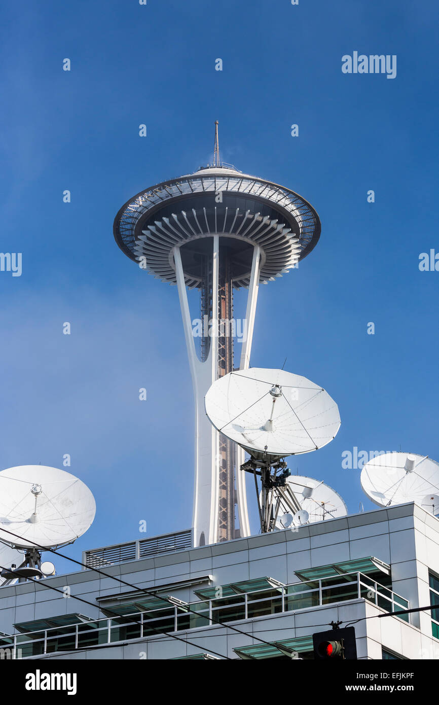 The Space Needle with a bit of summer fog rolling in, with satellite ...