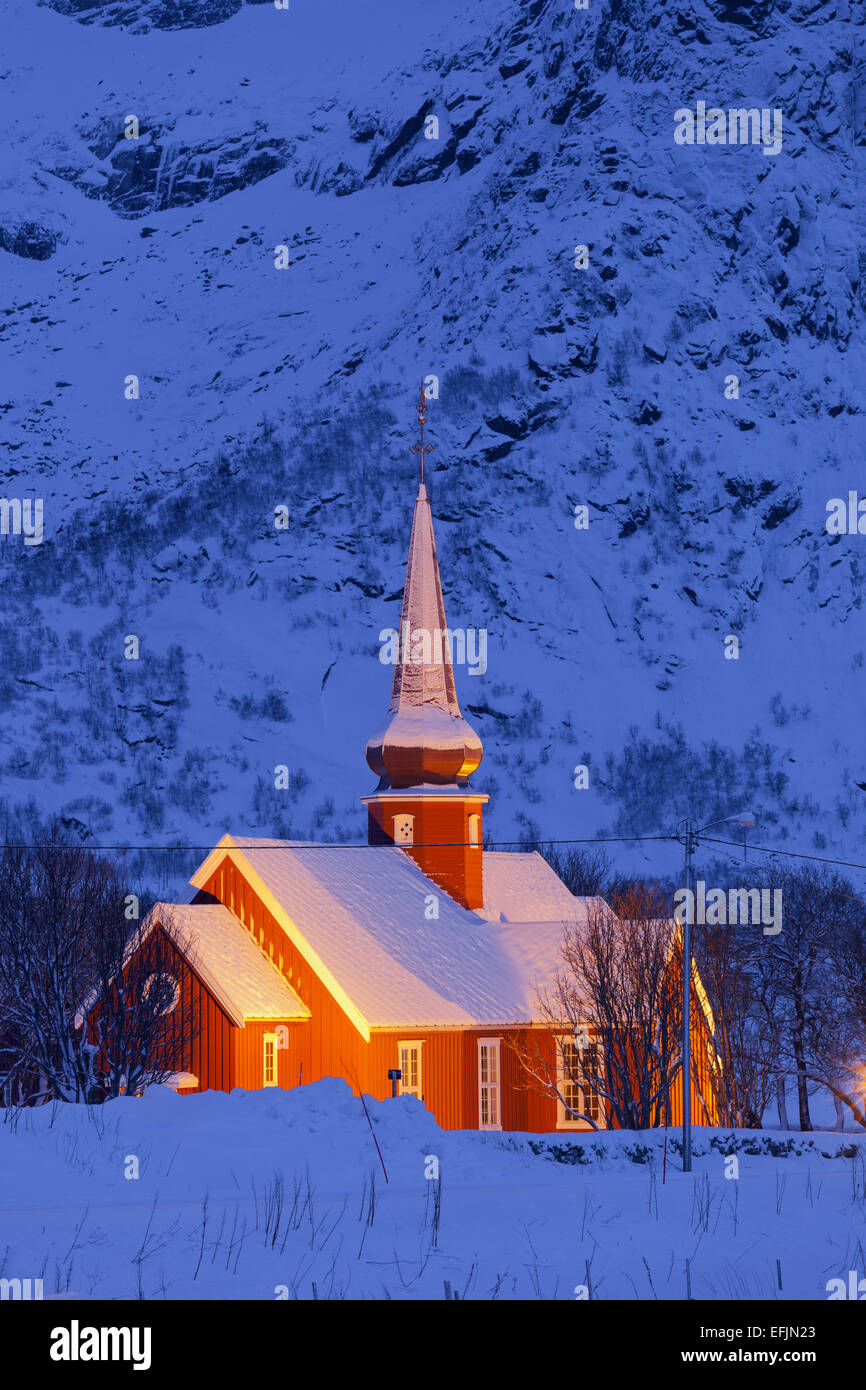 Flakstad church in the evening light, Flakstadoya, Lofoten, Nordland ...