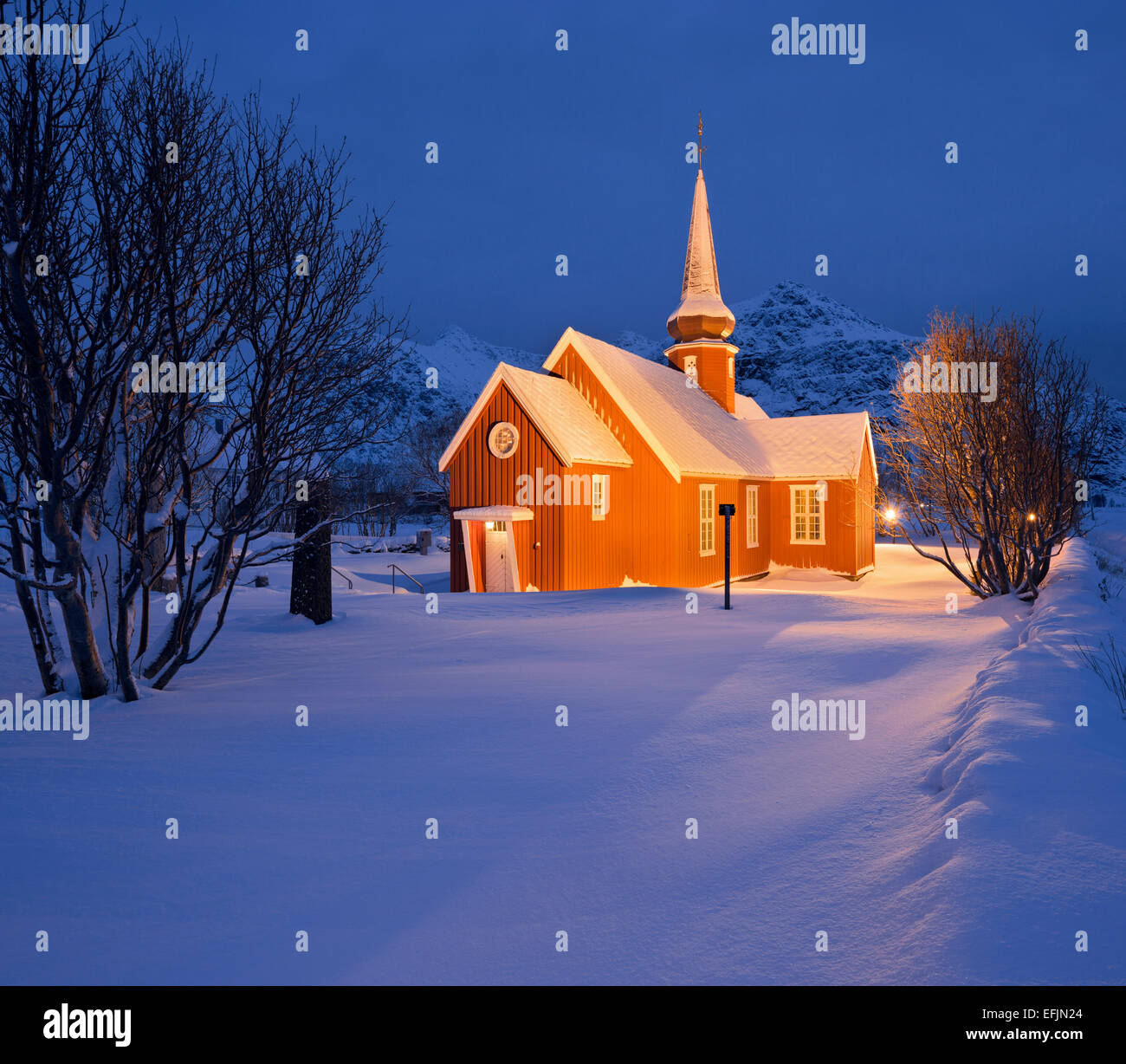 Flakstad church in the evening light, Flakstadoya, Lofoten, Nordland ...