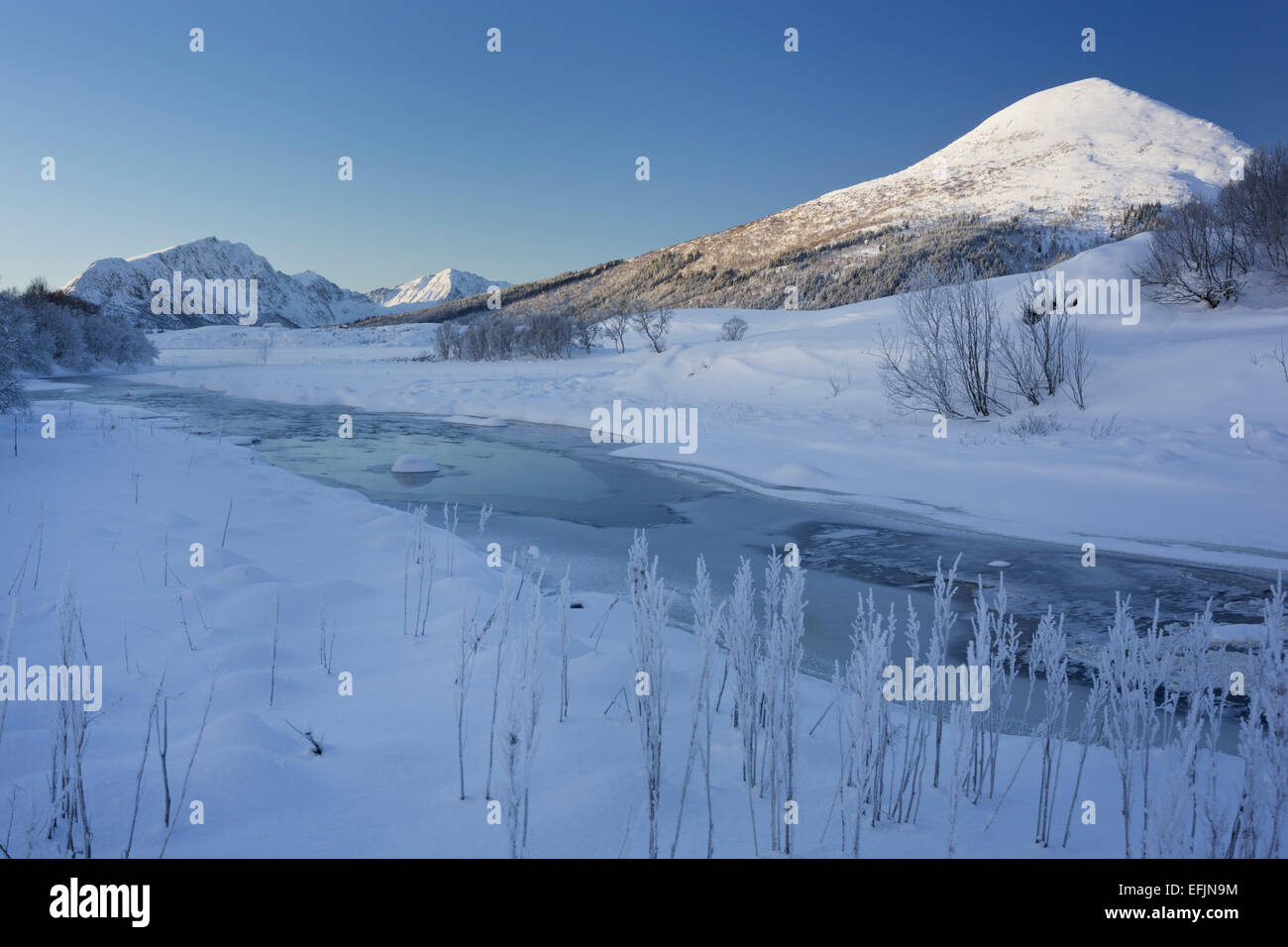 Winter landscape near Leknes, Lakselva river, Holandsmelen mountain ...