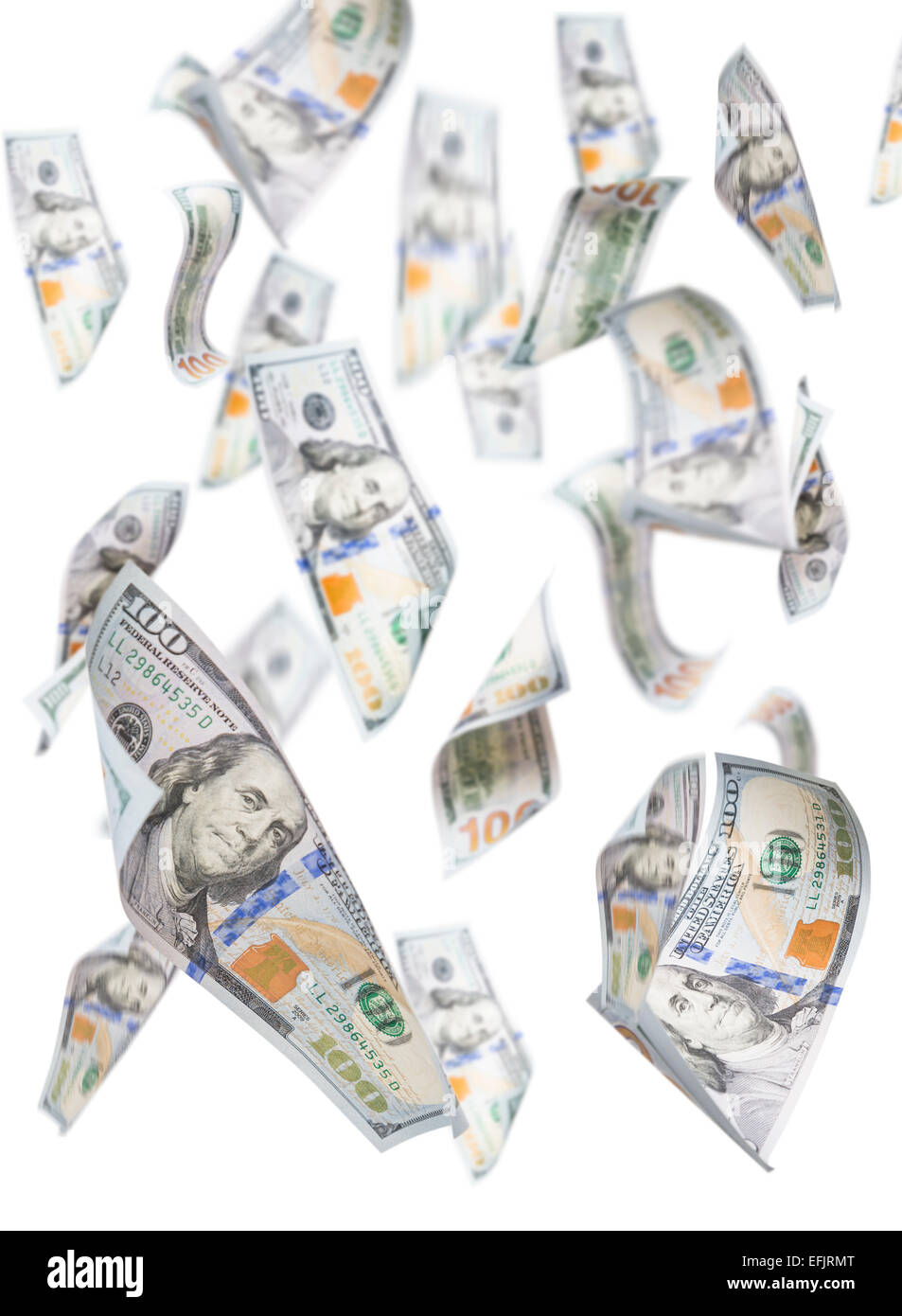 Randomly Falling One Hundred Dollar Bills Isolated on a White ...