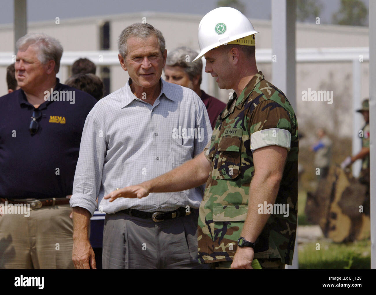 US President George W. Bush thanks US Navy sailors with the Seabees for ...