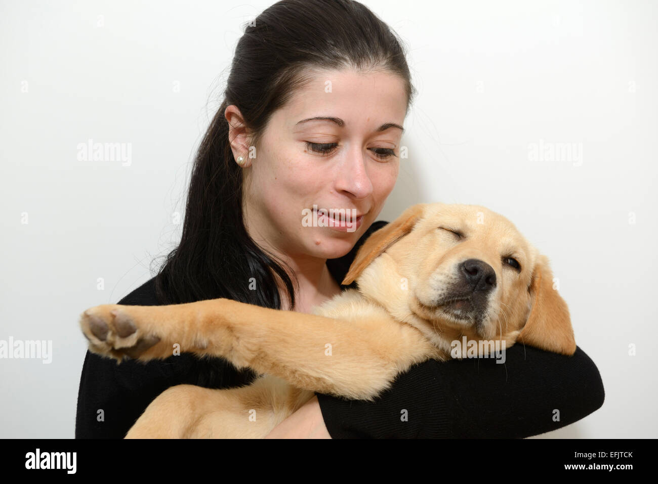 Woman holding a very sleepy yellow Labrador Golden Retriever mix puppy ...