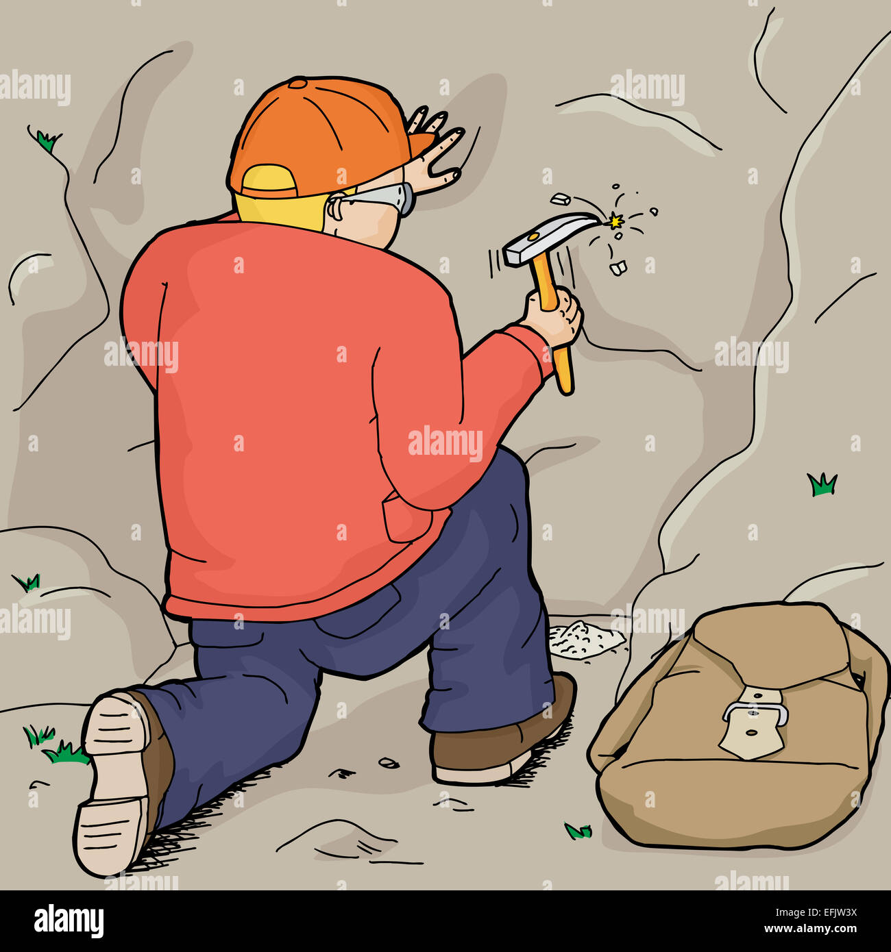 Cartoon of kneeling geologist using rock hammer Stock Photo - Alamy