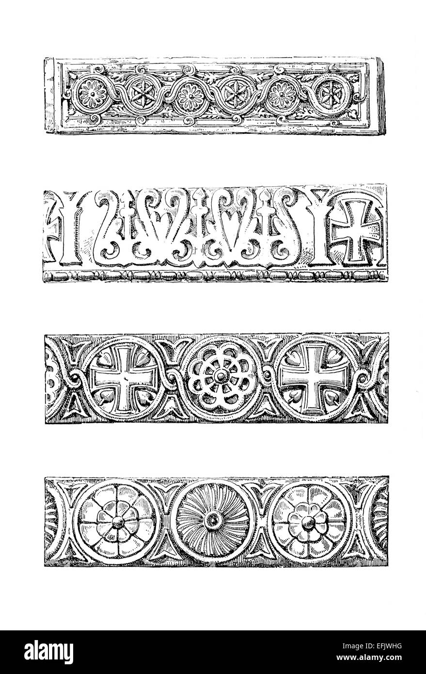 Victorian engraving of romanesque designs. Digitally restored image ...
