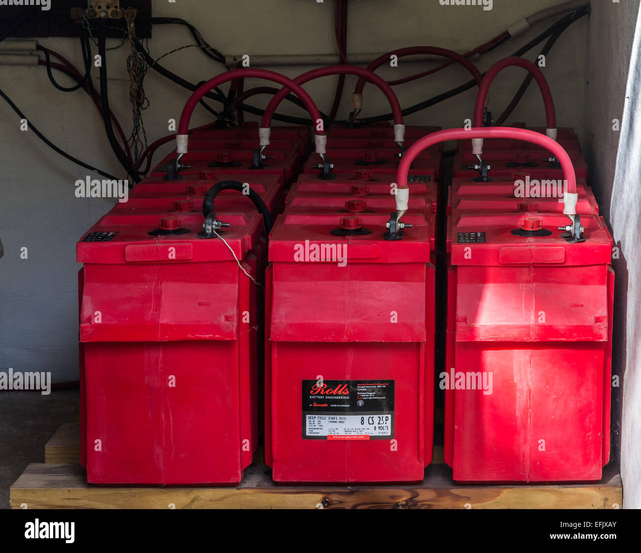 An array of batteries stores solar energy and supply power Stock Photo ...