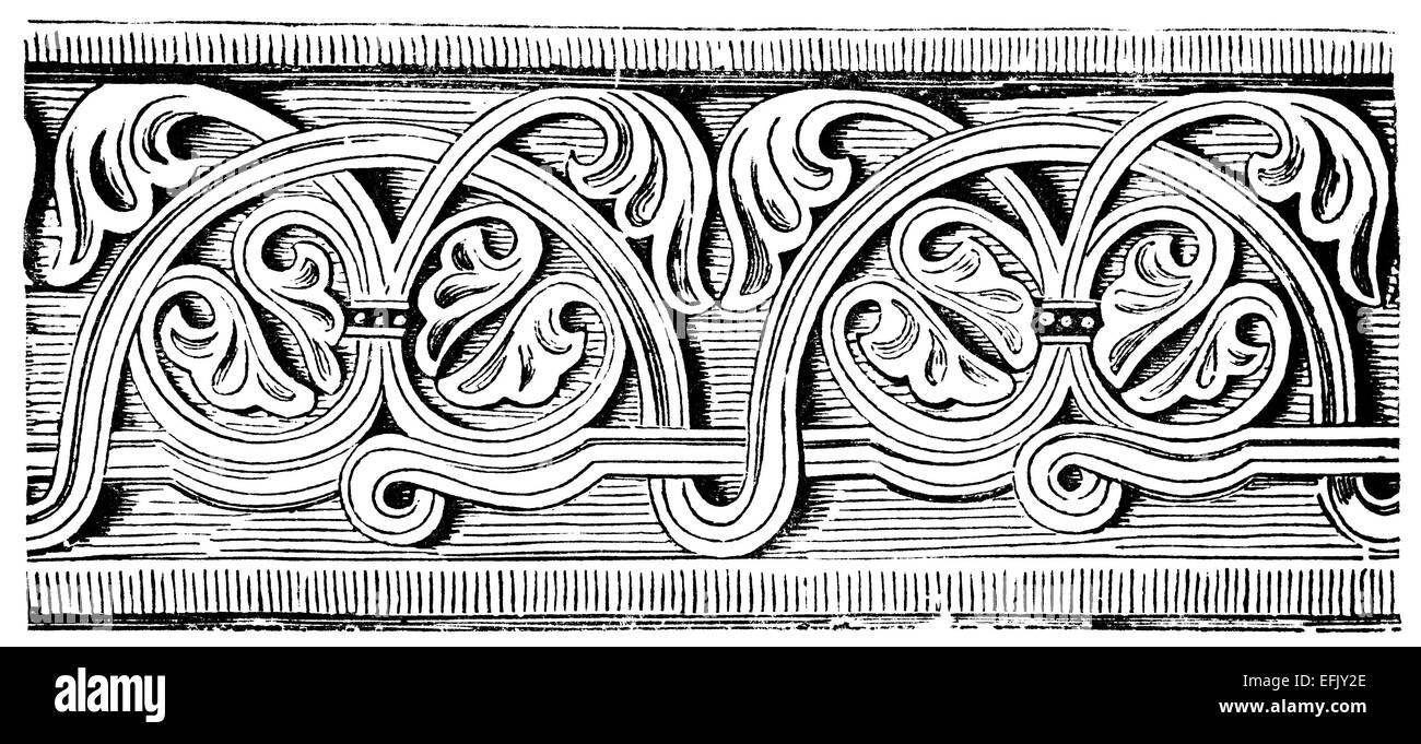 Victorian engraving of an elegant romanesque frieze. Digitally restored ...