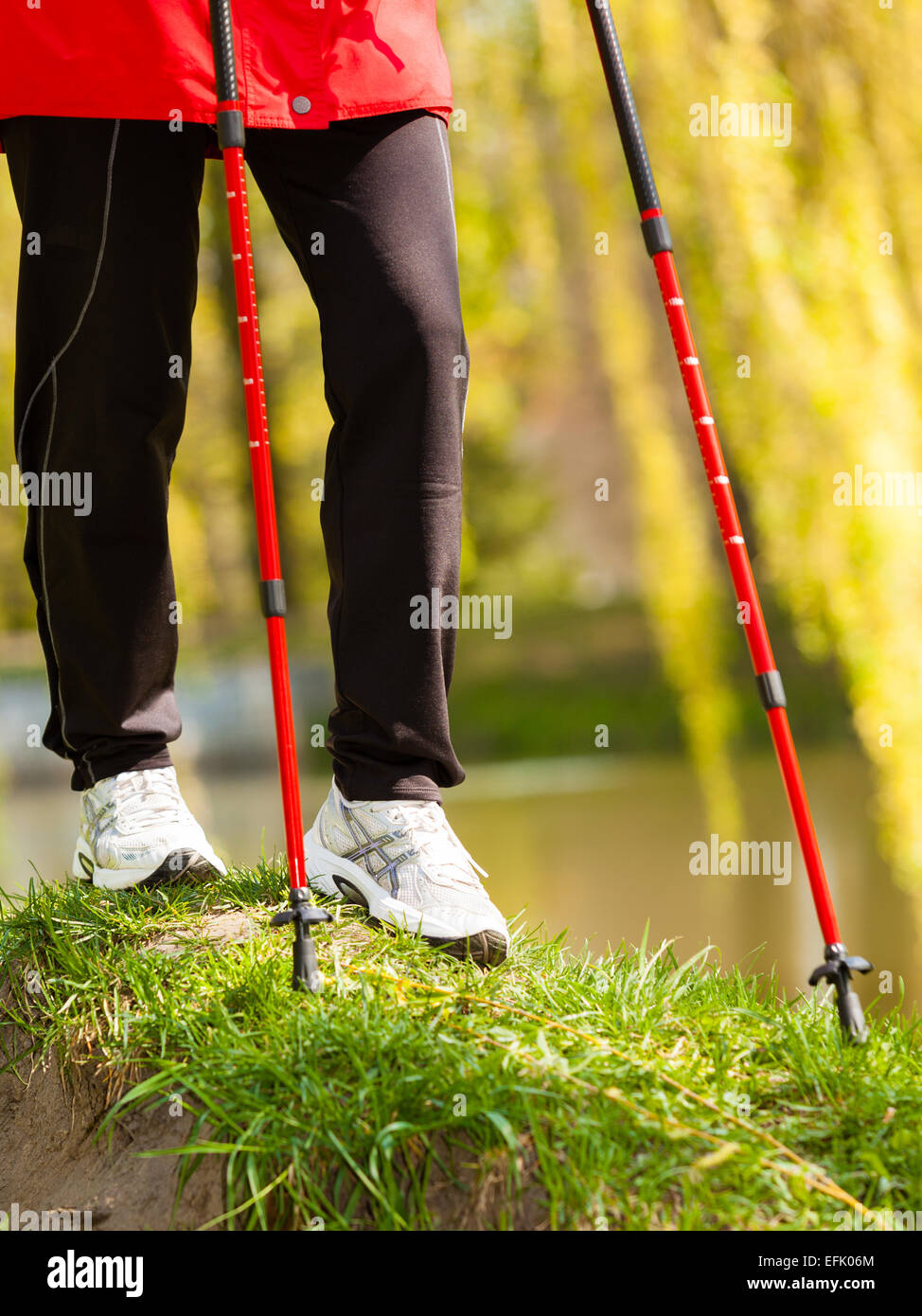 Nordic walking. Closeup of female legs hiking in the park. Active and ...