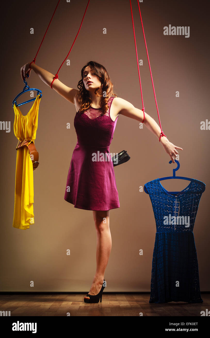 Shopaholic fashion addiction concept. Addicted to shopping woman, girl ...