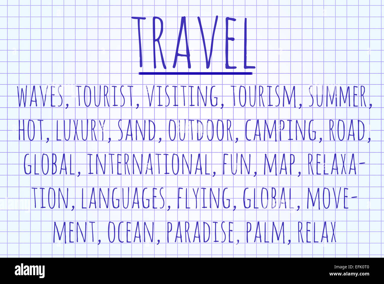 Travel word cloud written on a piece of paper Stock Photo - Alamy