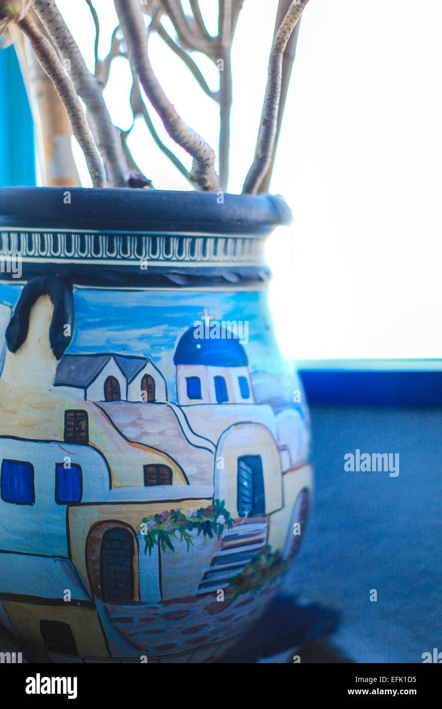 Traditional Greek pots in the houses of Santorini, Greece Stock Photo ...