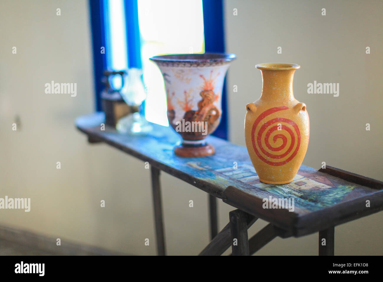 Traditional Greek pots in the houses of Santorini, Greece Stock Photo ...