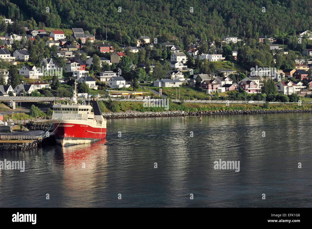 Estate at Tromsdalen's wooded slope with a red vessel by the quay, 26 ...