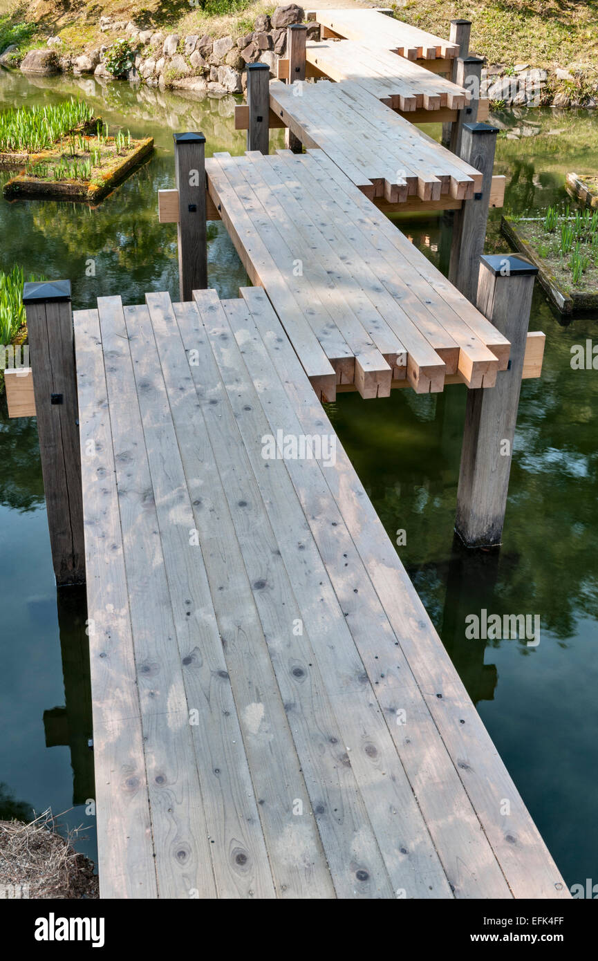 Ritsurin-koen garden, Takamatsu, Japan. A traditional zigzag wooden ...