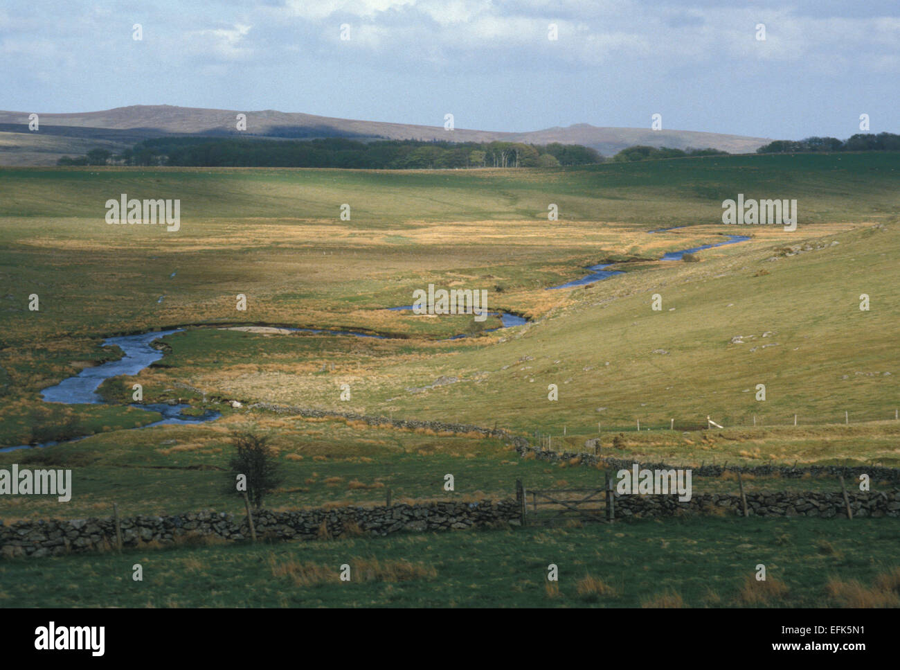 The west Dart River meander towards Two Bridges, Dartmoor Devon England ...