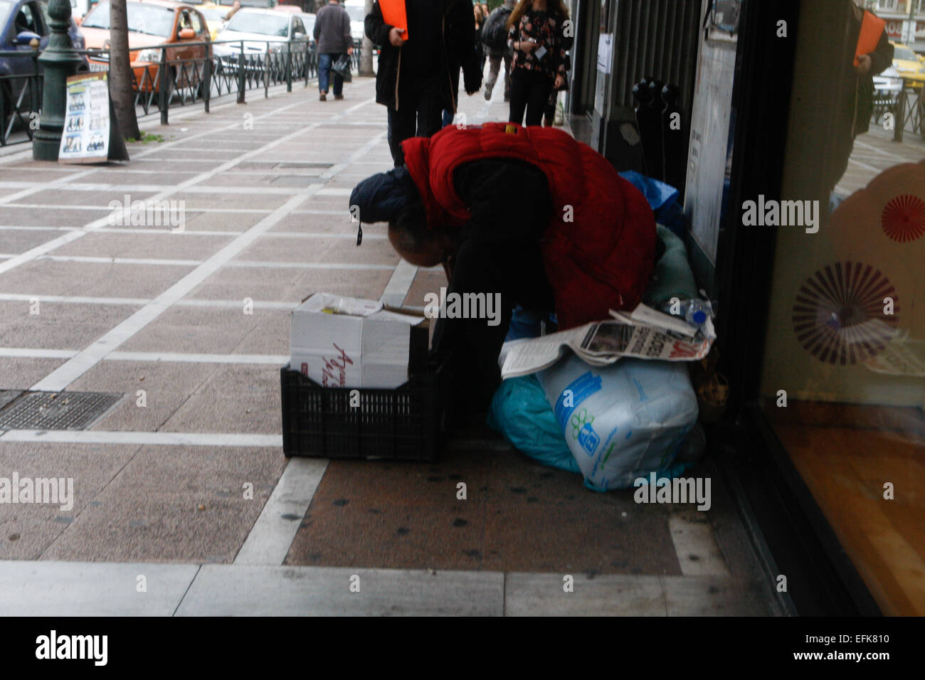 Athens, GREECE. 6th Feb, 2015. A homeless man in Stadiou Street, a ...