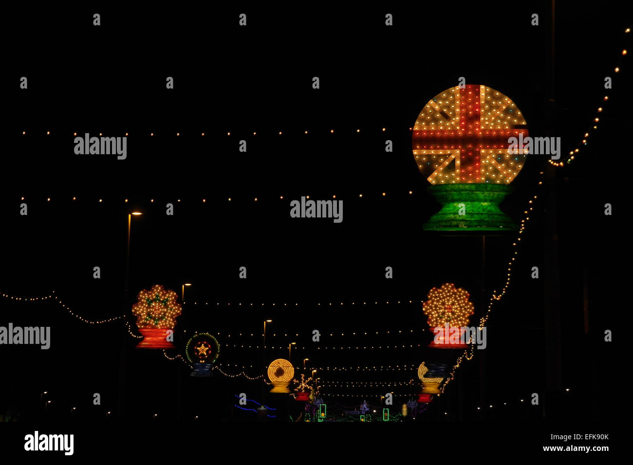 Night view 'Union Flag Orb' looking south to other circular flashing ...