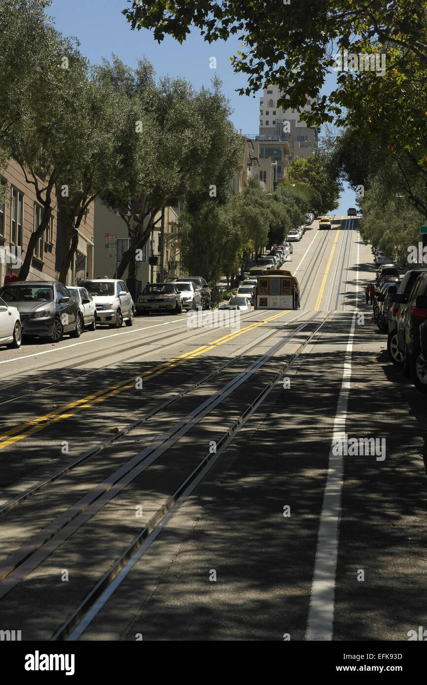 Blue sky portrait Hyde Street rising steep incline towards Russian Hill ...