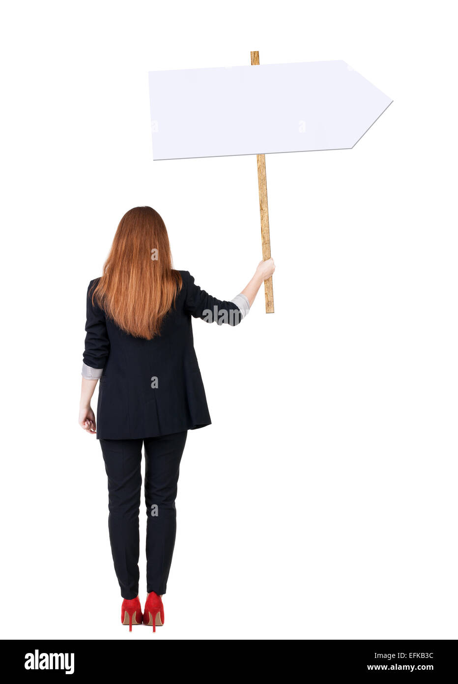 Back view business woman showing sign board. young redhead girl holds ...