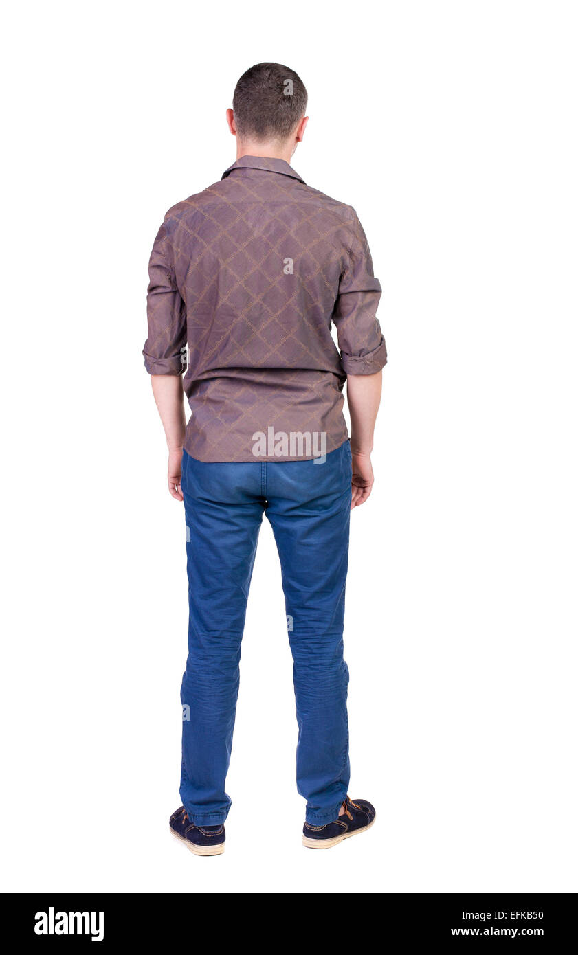 Back view of handsome man in shirt looking up. Standing young guy in ...