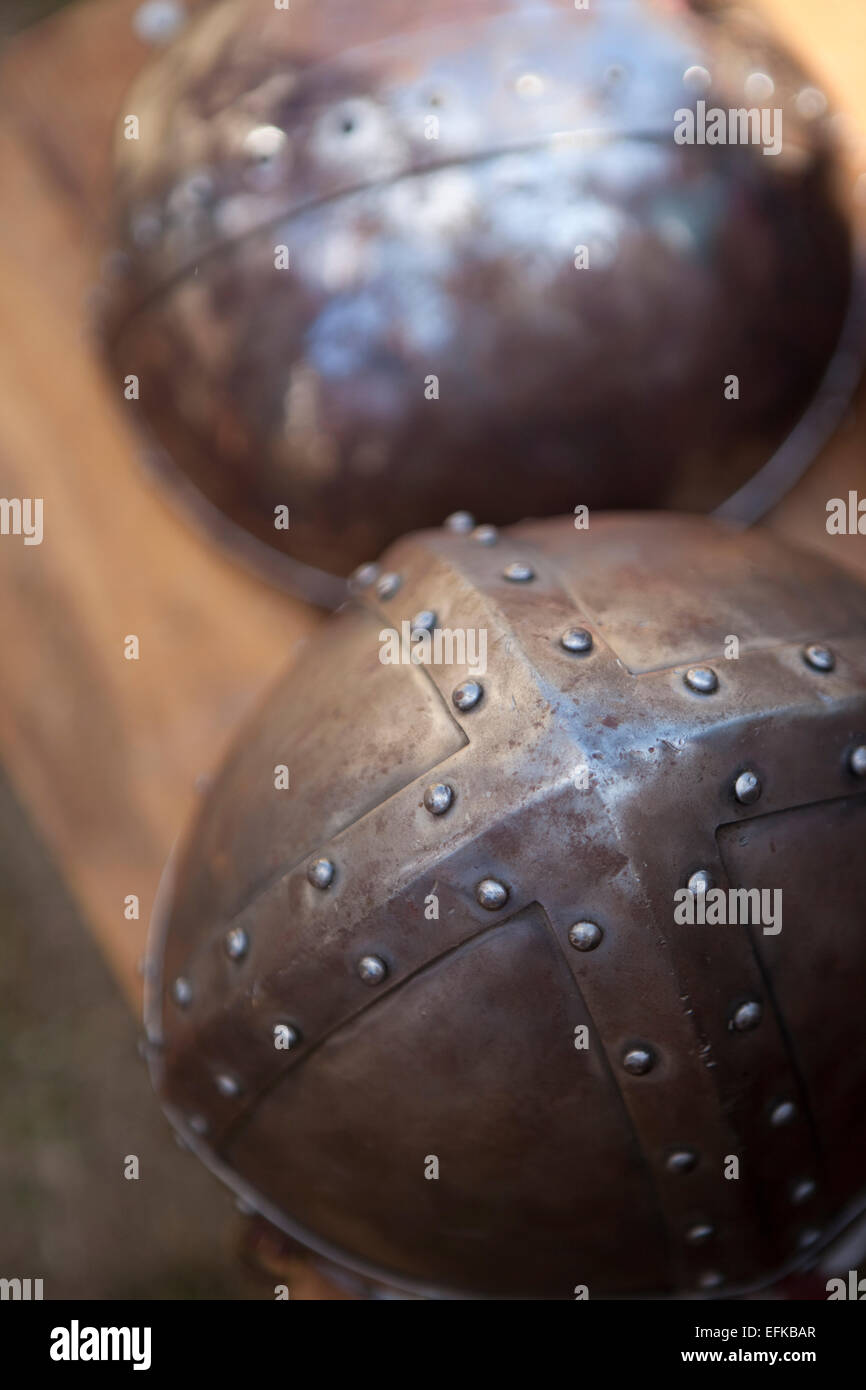 Medieval helmets in a flea market Stock Photo - Alamy
