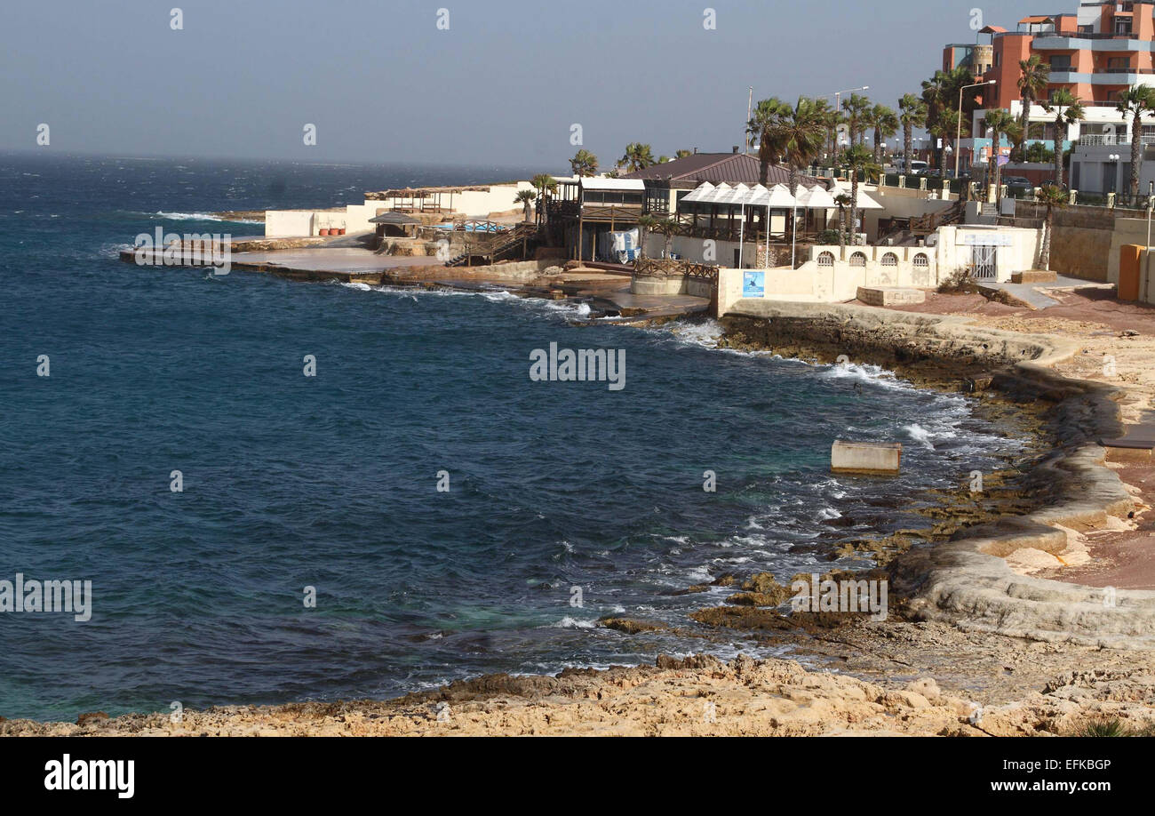 Holiday resorts of Bugibba, Qawra and St Pauls Bay in Malta. The sea ...