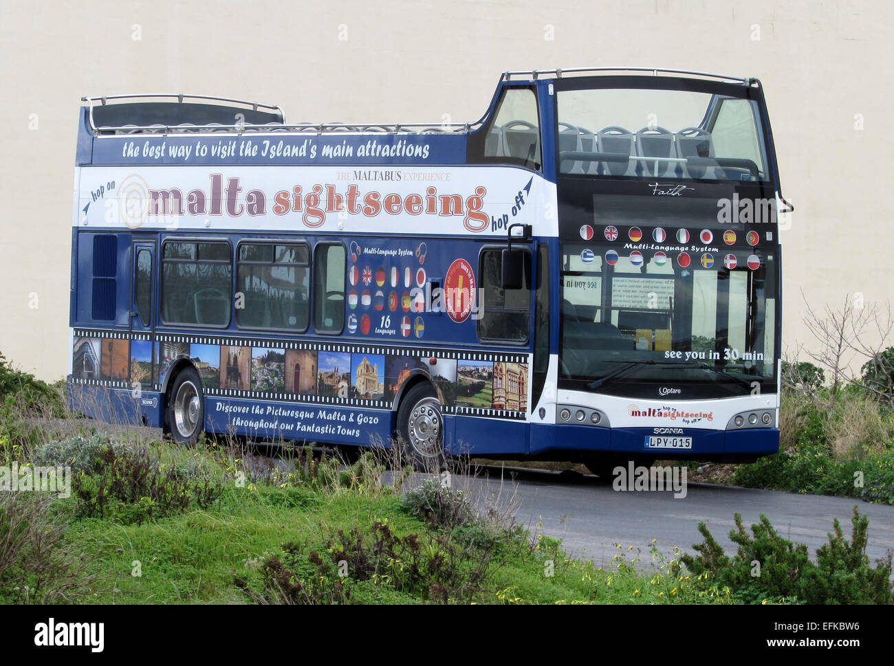 Holiday resorts of Bugibba, Qawra and St Pauls Bay in Malta. Open top ...