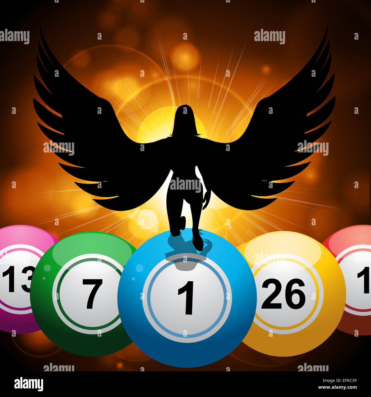 Bingo Balls with an Angel Silhouette on Star Burst Gold Background ...