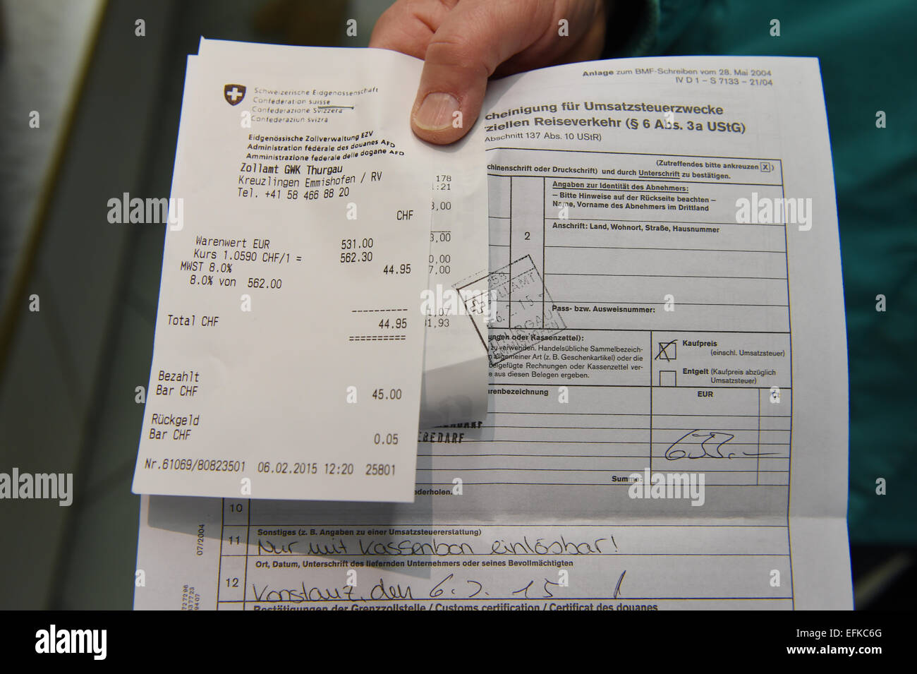 A woman presents a customs export certificate at Konstanz, Germany, 6 ...