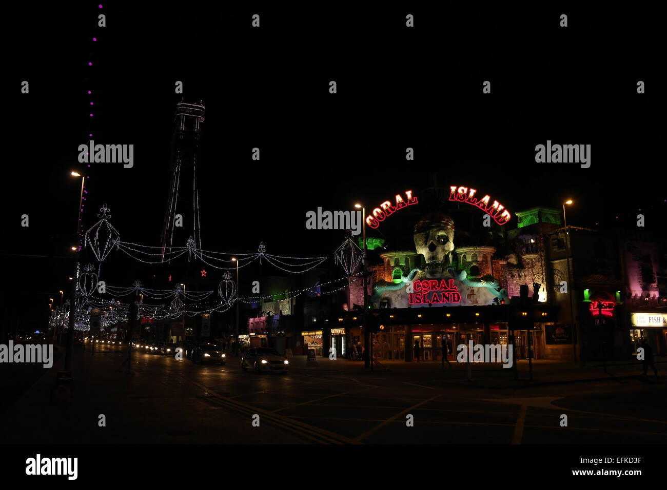 Night view across Central Promenade to Blackpool Tower, Coral Island ...