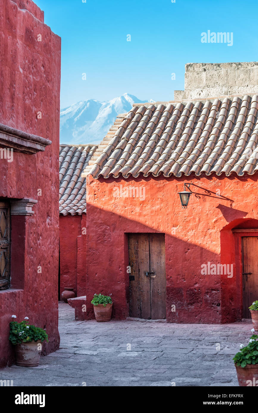 Beautiful red colonial architecture of Santa Catalina Monastery with ...