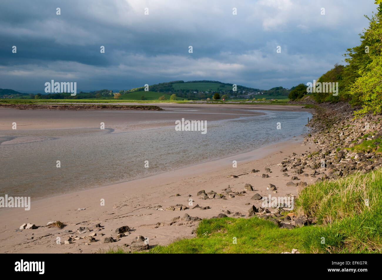 The River Kent meandering through the sands of the Kent Estuary at low ...