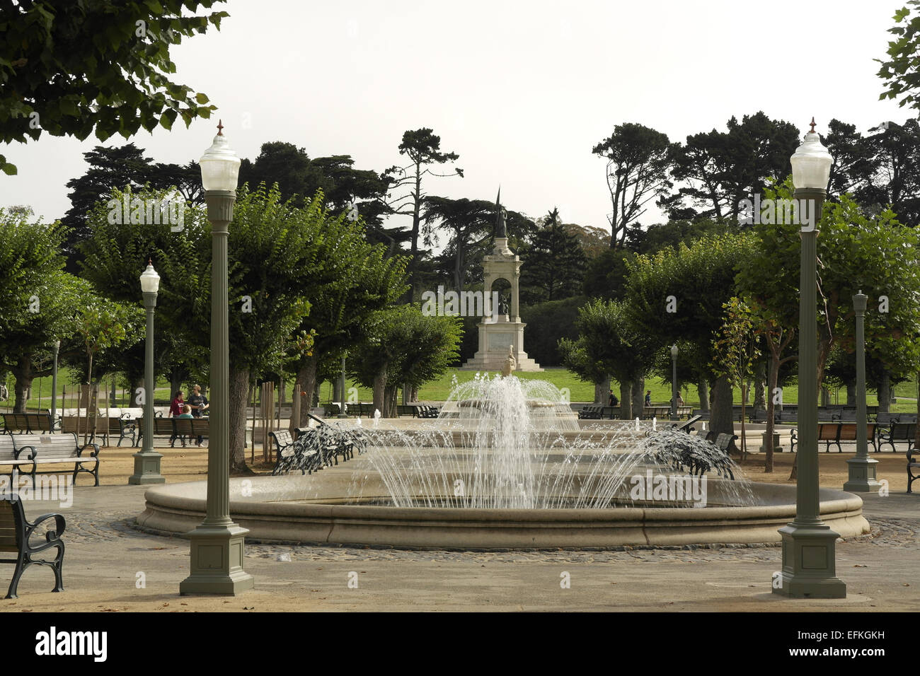 Sunny view water fountain towards trees and Star Spangled Banner ...