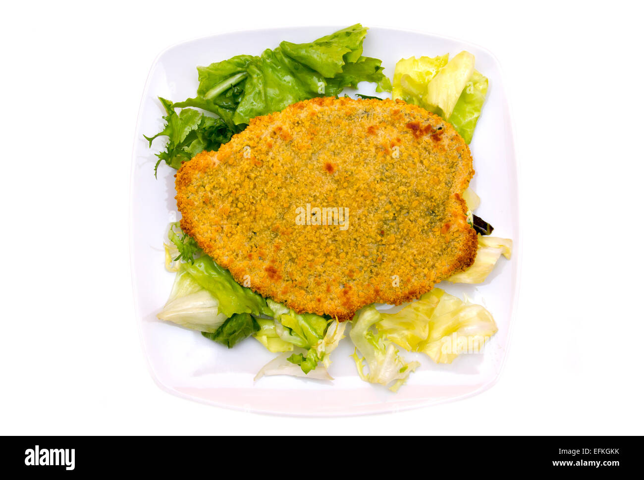 Breaded cutlet with salad on white background top view Stock Photo - Alamy
