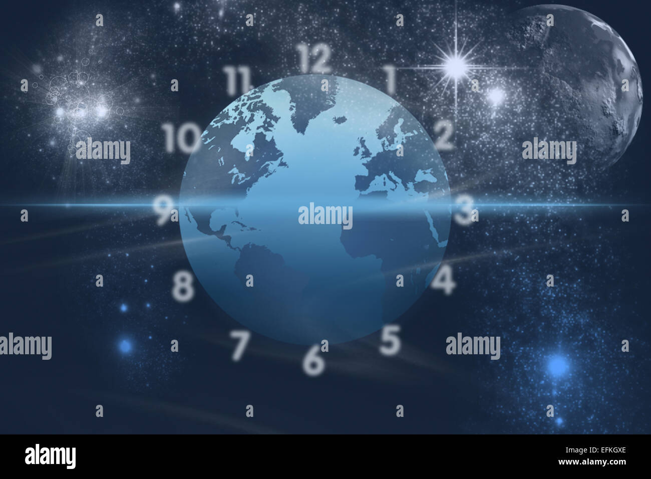 Planet clock in space with shiny stars Stock Photo - Alamy
