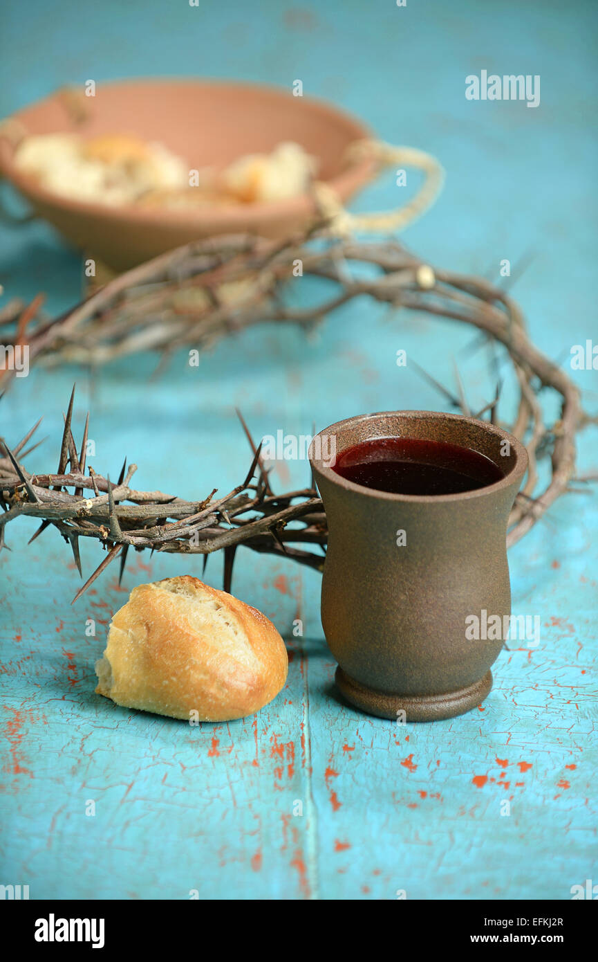 Communion elements with bread, wine, and crown of thorns Stock Photo ...