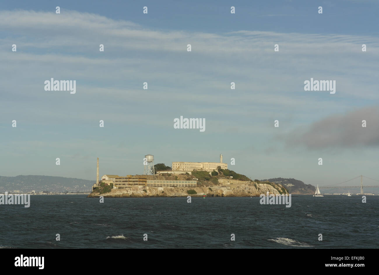 Blue sky view, towards Bay Bridge from ferry boat, Alcatraz Island ...