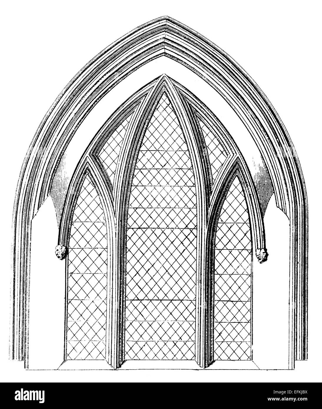 Victorian engraving of a Gothic window arch. Digitally restored image ...
