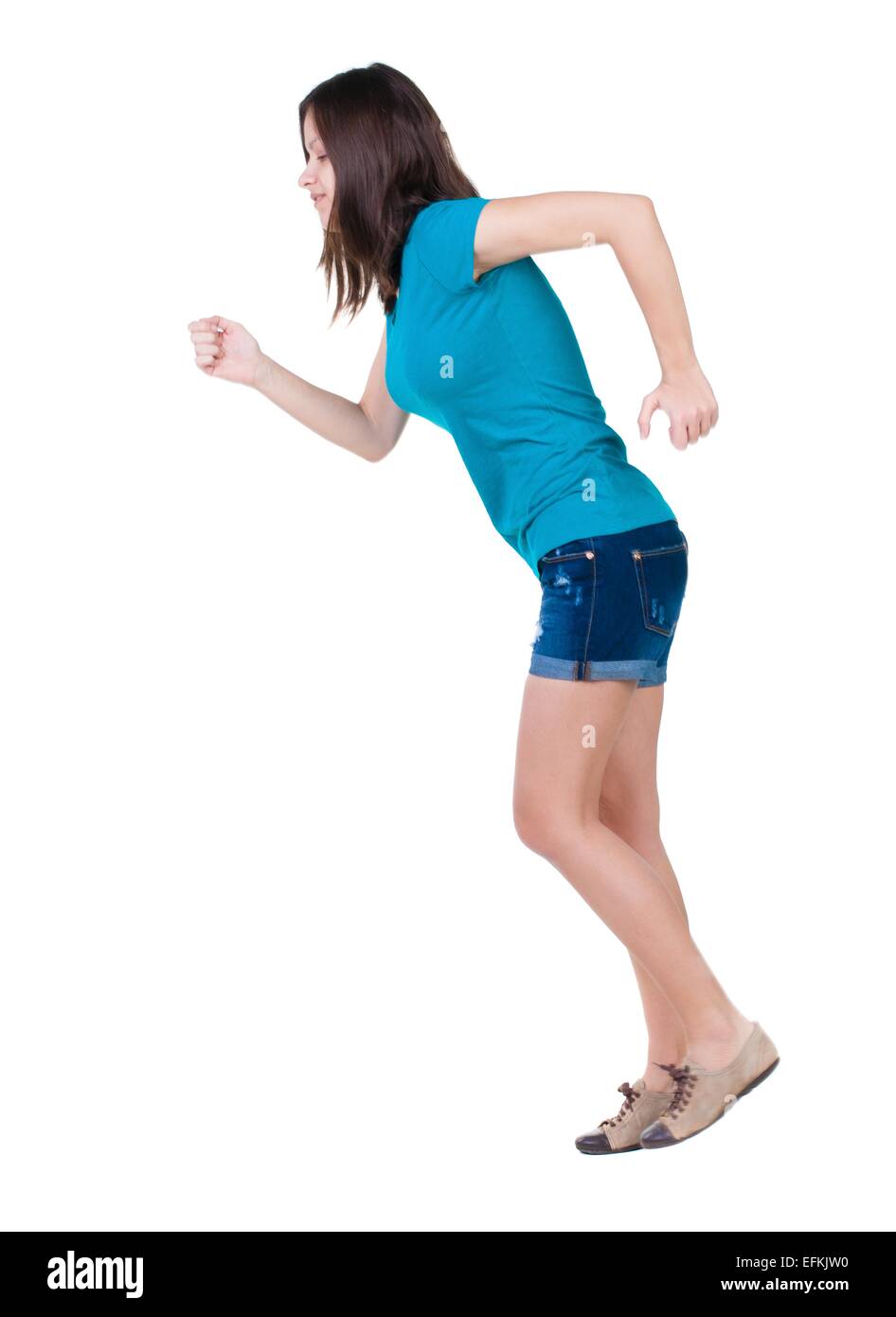 back view of running woman. beautiful brunette girl in motion. backside ...