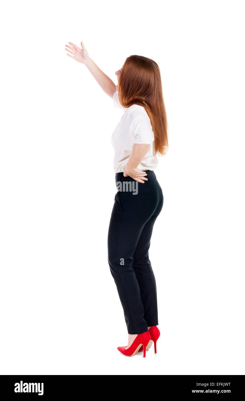 Back view of beautiful business woman welcomes. Young girl in suit ...