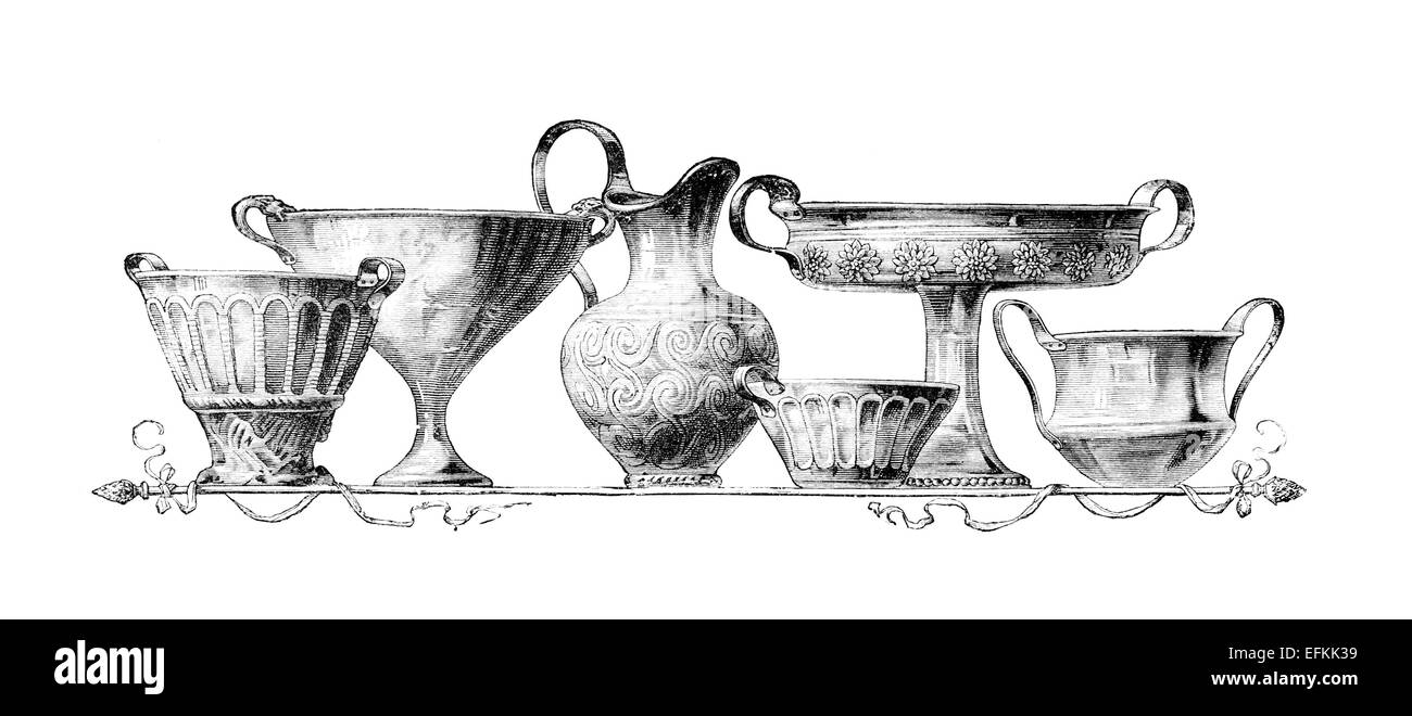 Victorian engraving of gold vessels from Mycenae, Greece. Digitally ...