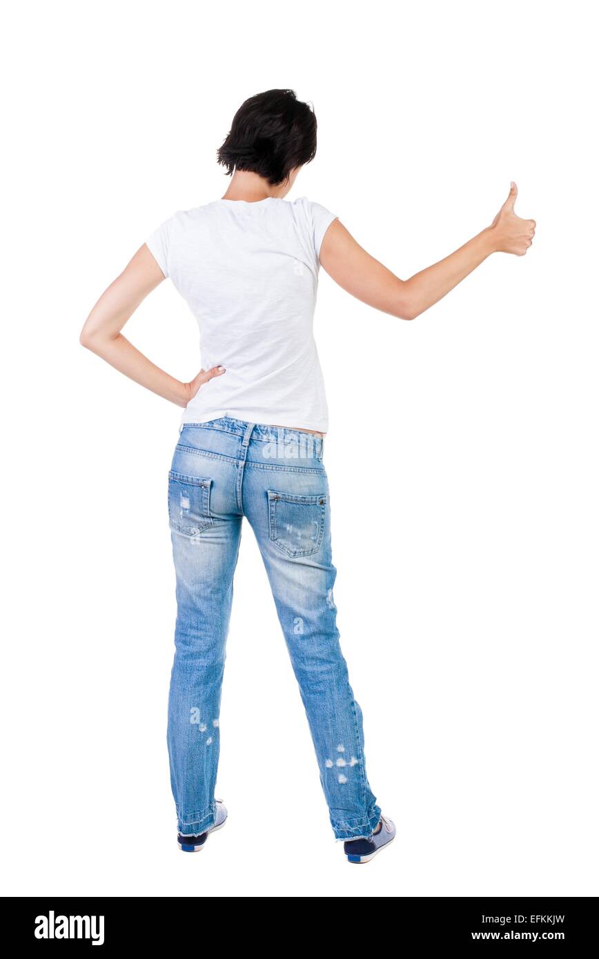 Back view of woman thumbs up. Rear view people collection. backside ...