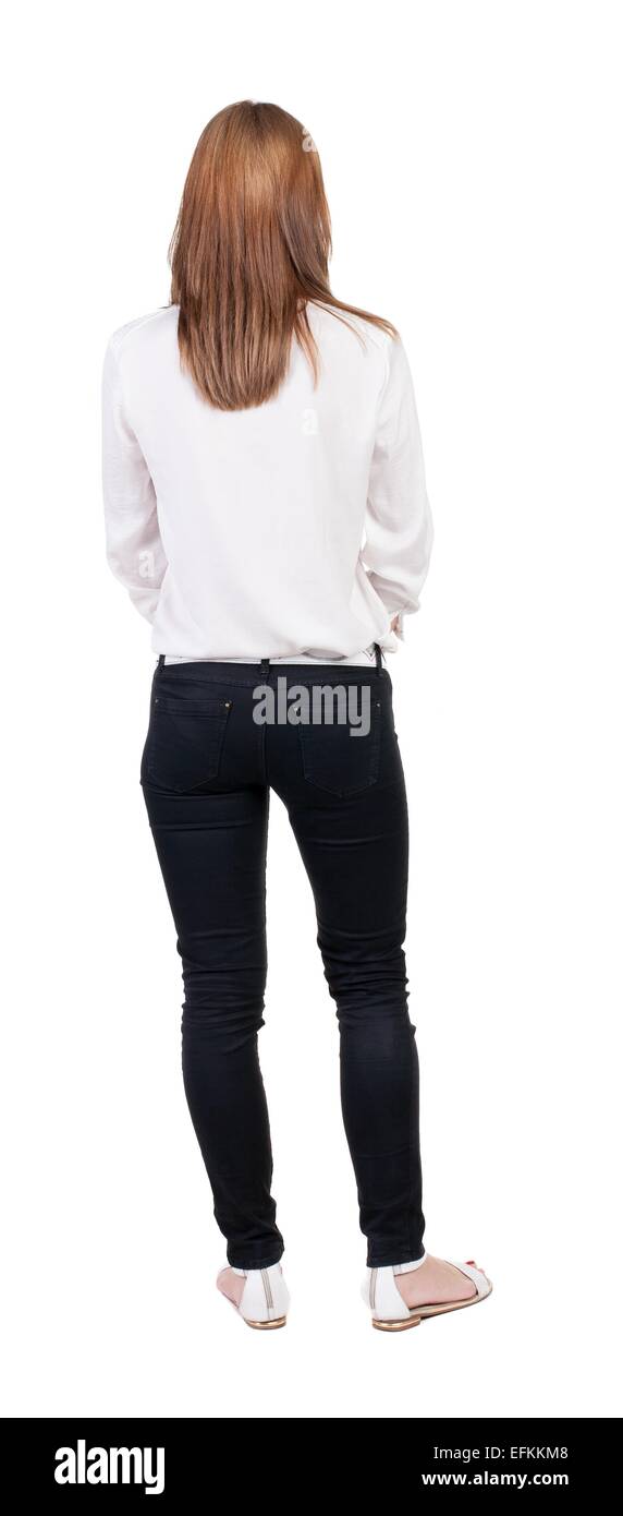 back view of standing young beautiful blonde woman in jeans. girl ...