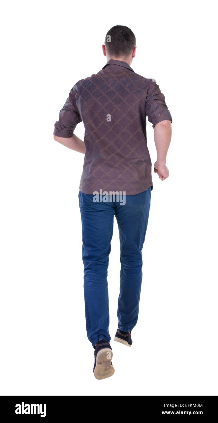 Back view of running man in brown shirt. Walking guy in motion. Rear ...