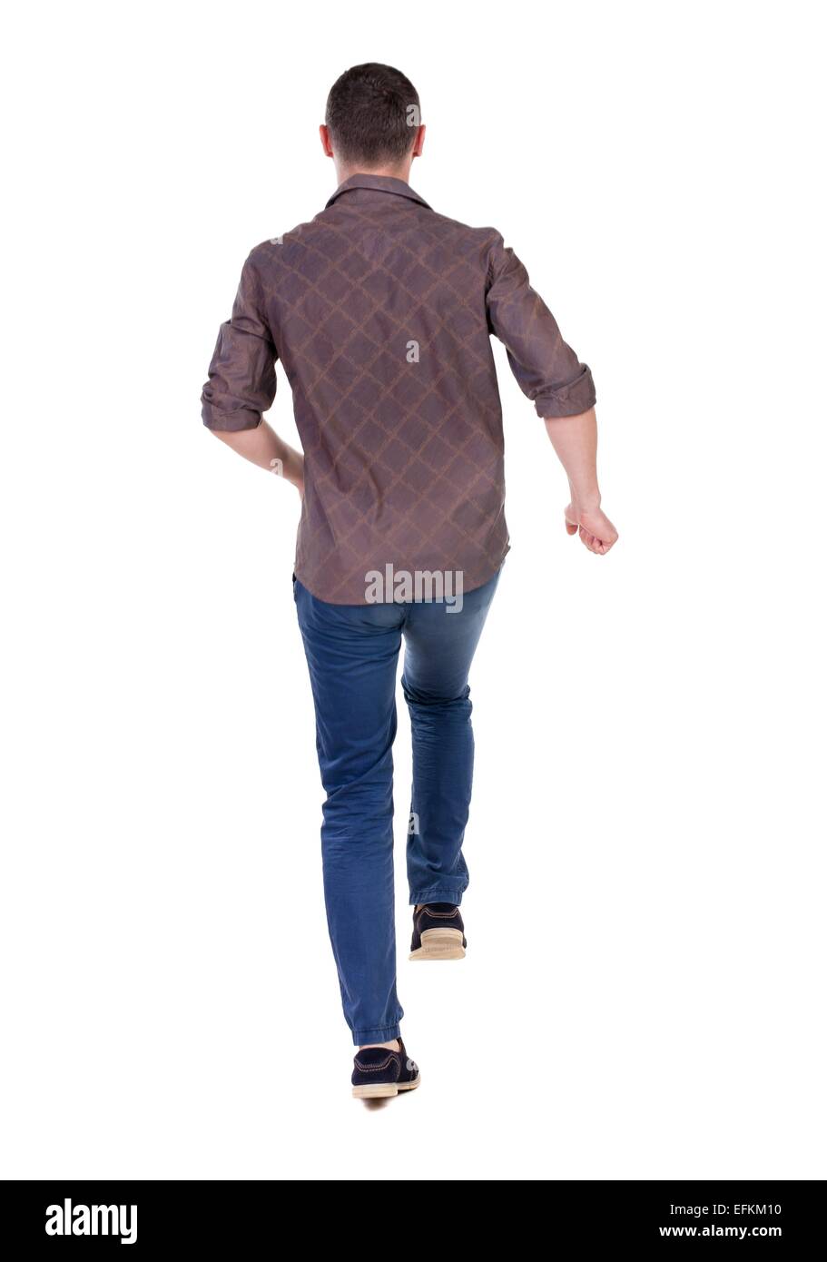 Back view of running man in brown shirt. Walking guy in motion. Rear ...