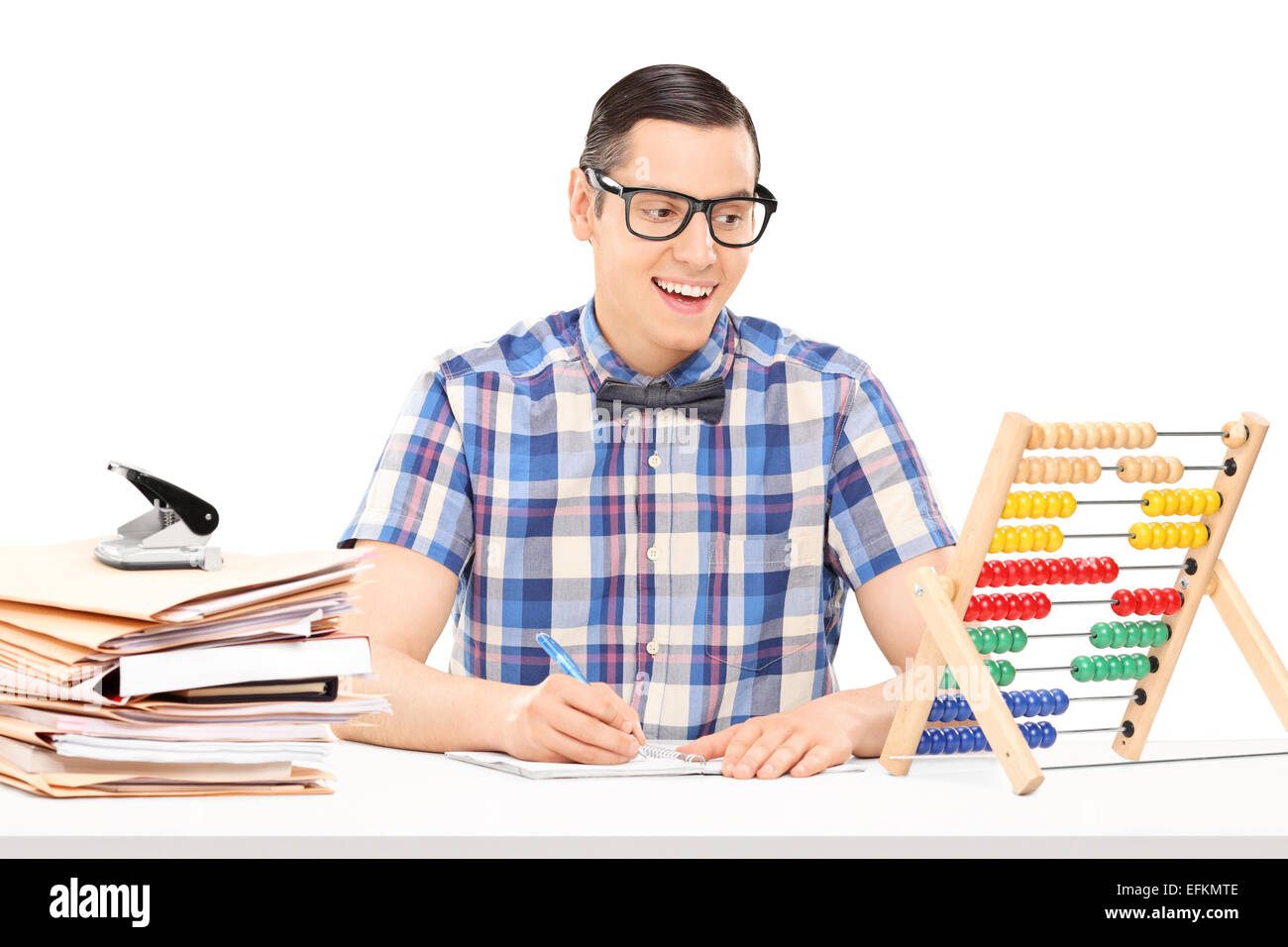 Man counting on abacus and writing down some notes isolated on white ...