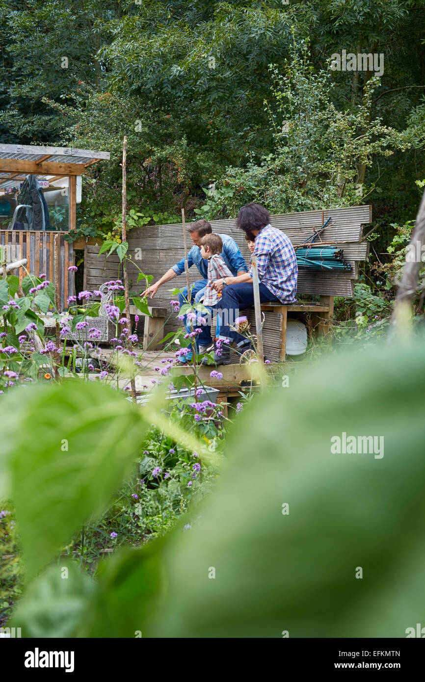 Two men and boy sitting on allotment bench Stock Photo - Alamy