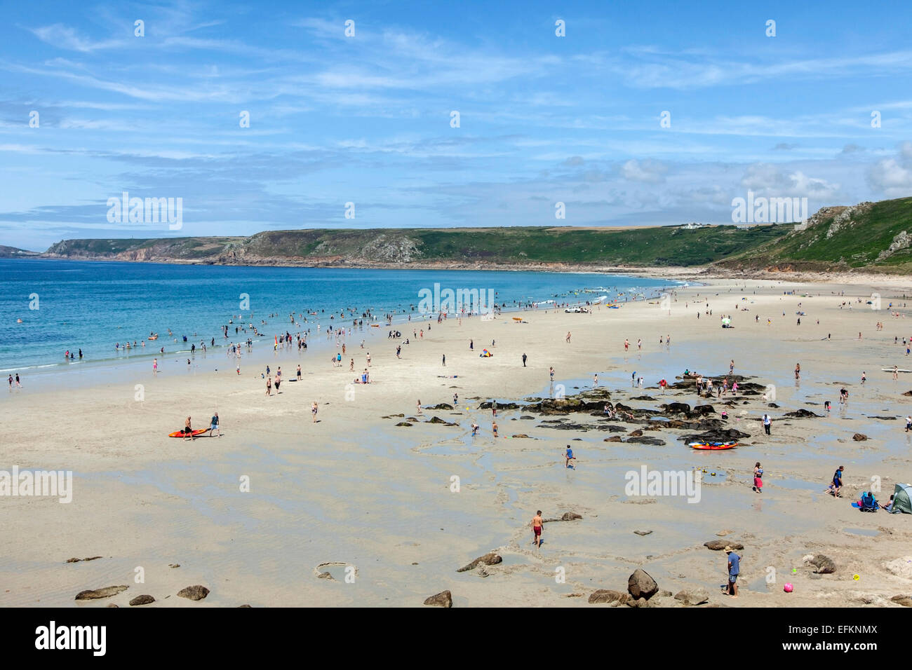 Aerial view of holiday makers on beach, Cornwall, UK Stock Photo - Alamy